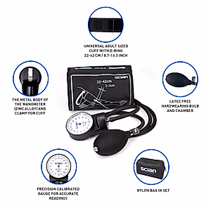 SCIAN Aneroid Sphygmomanometer - Manual Blood Pressure Cuff with D-Ring Universal Cuff 10-16"", Carrying Bag for Nurse Doctor Senior Adult(Black, Stethoscope Not Included), Large