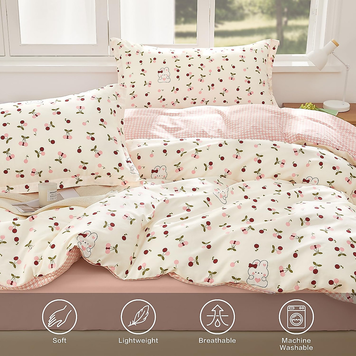SAPHREAS Home Cute Pink Cherry Duvet Cover Cotton Girls Bedding Set Kawaii Rabbit Pattern Bedding Comforter Cover Kids Teens Cute Bed Set 3pcs 1 White Duvet Cover 2 Pillowshams Queen Size