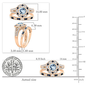 Dazzlingrock Collection 6mm Centre Round Aquamarine with Round White Diamond & Baguette Alternating Blue Sapphire Halo Miligrain Wedding Ring Set for Women in 10K Rose Gold Size 9.5