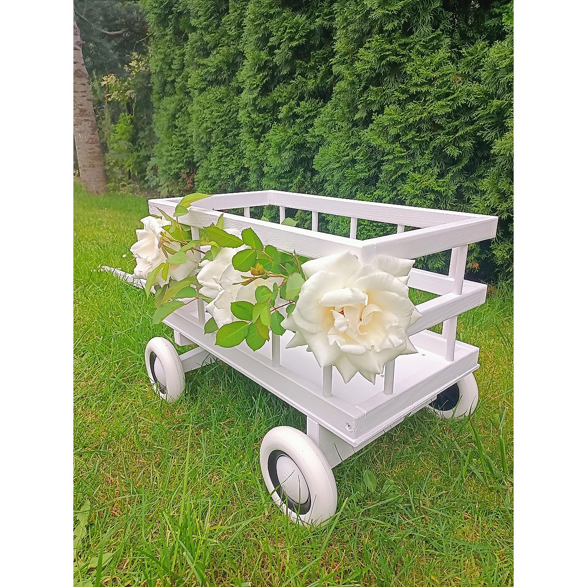 Premium Wooden Wagon JULEK - Safe and Beautiful | Ideal for Weddings and Flower Girls | Color: White Fluff | Wheels: Rubber