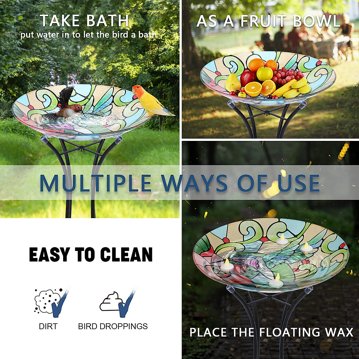 MUMTOP Bird Bath-Bird Baths for Outdoors - Hummingbird Large Bird Bath Bowl with Metal Stand, Glass BirdBaths for The Garden Lawn Yard Decor