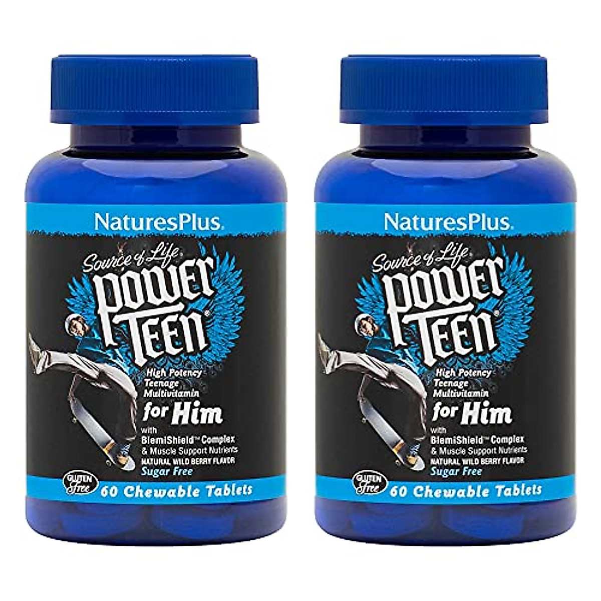 NaturesPlus Source of Life Power Teen for Him, Wild Berry - 60 Chewable Tablets, Pack of 2 - High Potency Teenage Multivitamin - Gluten Free, Sugar Free - 60 Total Servings