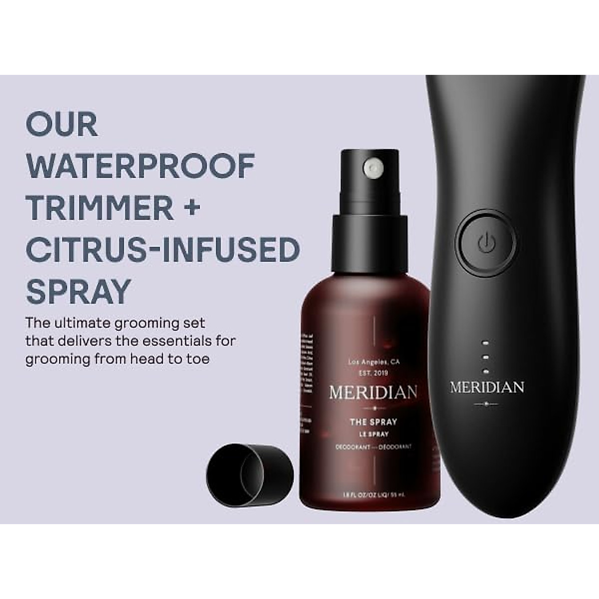 MERIDIAN - The Complete Package: Includes Men’s Waterproof Electric Below-The-Belt Trimmer and The Spray (50 mL) - Features Ceramic Blades and Sensitive Shave Tech (Onyx)