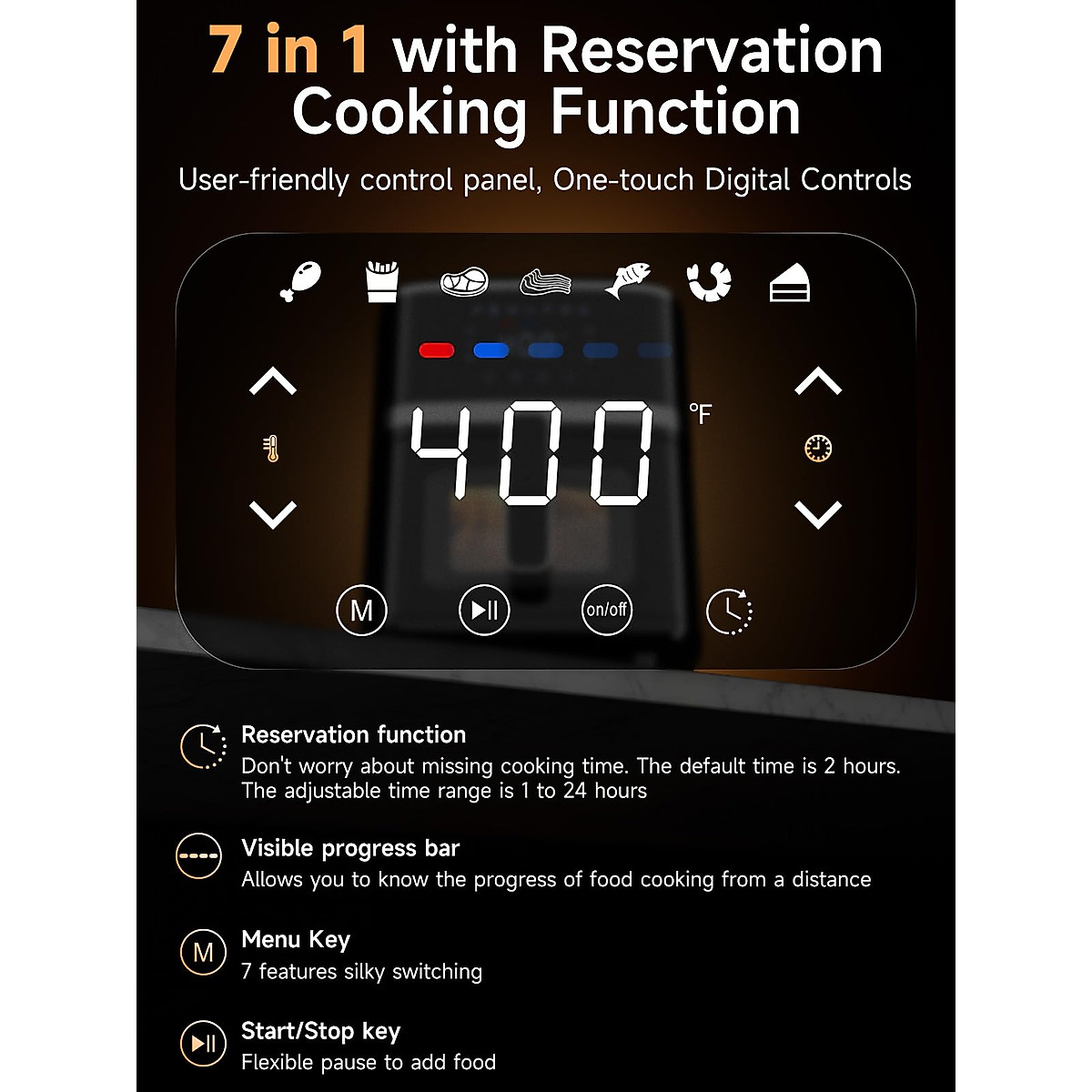 Kitchen Elite Air Fryer Oven 5.28 Qt, 7-in-1 Digital Display Compact Cooker with Easy View Windows，Space-saving, Nonstick and Dishwasher Safe Basket, Black