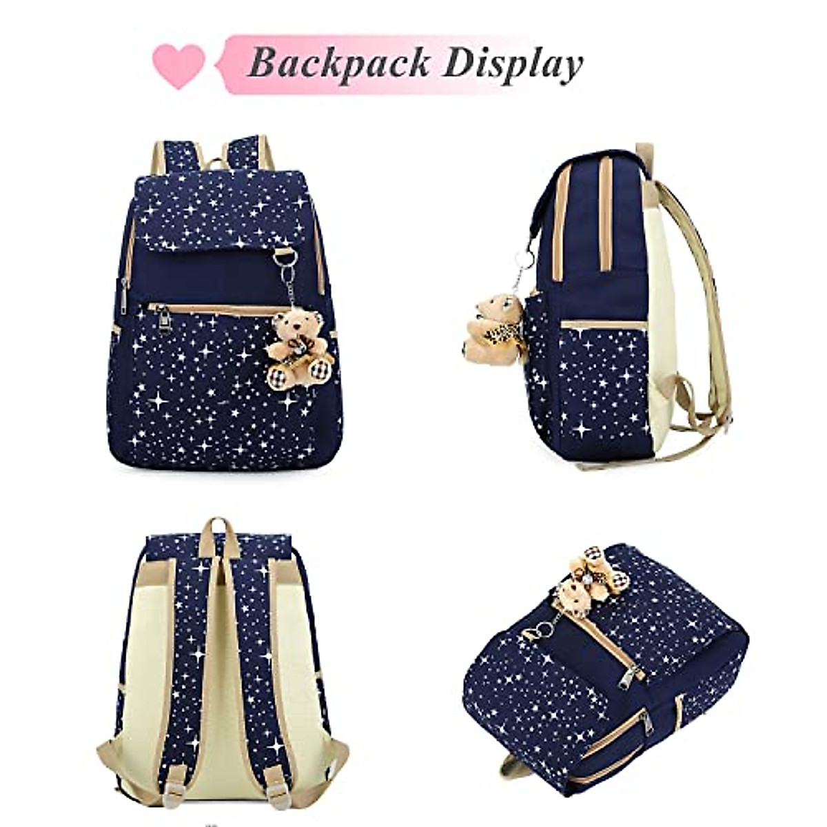 Star Print Girls Black Canvas Backpacks Set, School Bags Bookbags for Teenage Girls, with Crossbody Bag, 3 Pieces
