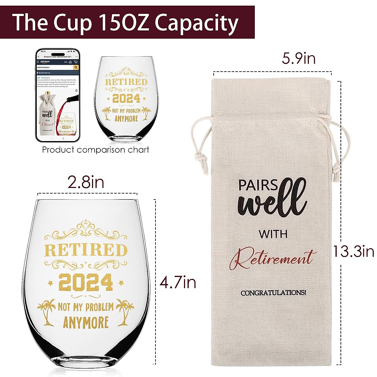 Retirement Gifts for Women Men- Retired 2024 Not My Problem Anymore Happy Retirement Gifts for Her Him Colleague Leader Boss Teacher Friend Nurse Coworker Retirement Wine Glass & Bottle Gift Bag Set