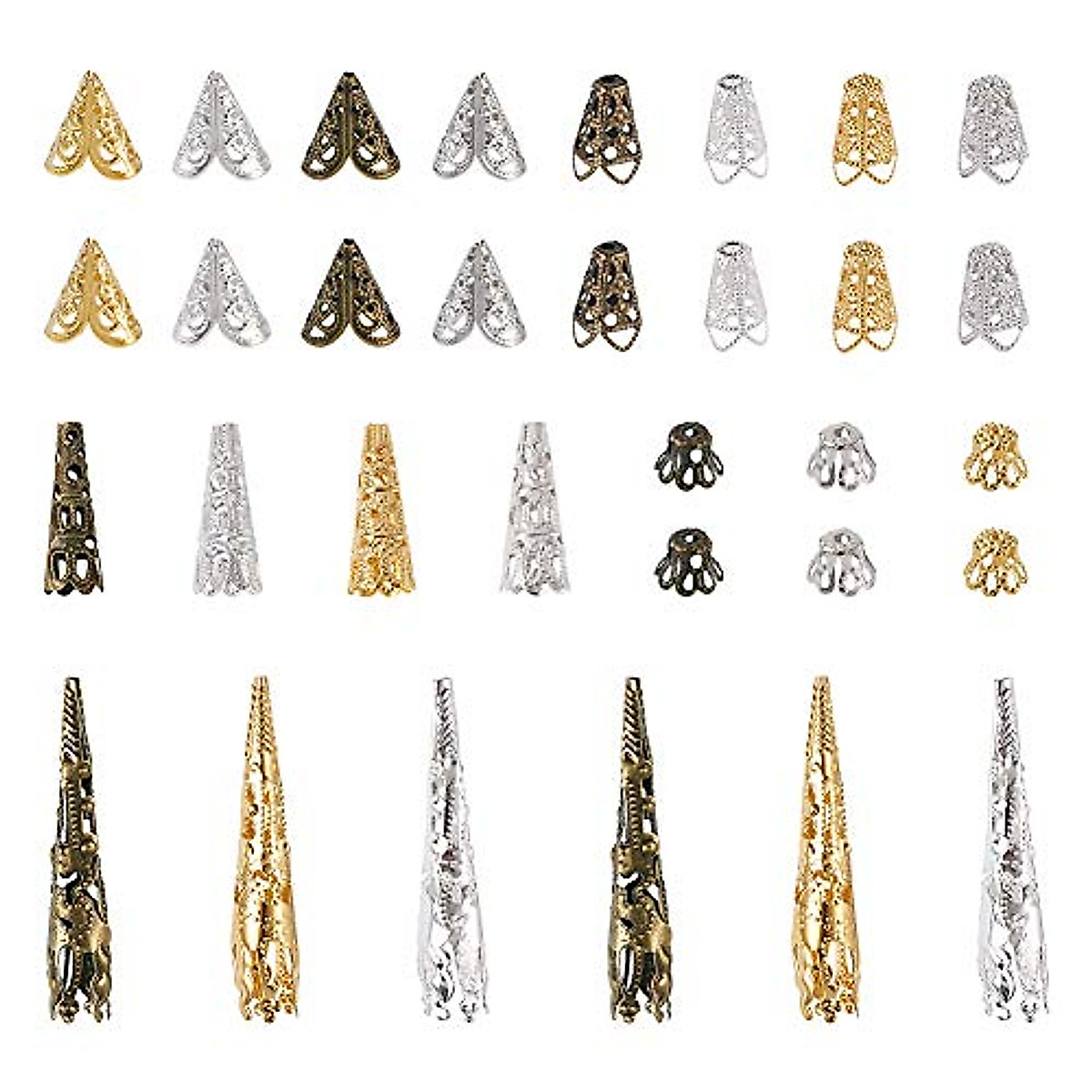 450pcs/Box 5 Styles Tibetan Iron Long Filigree Flower Spacer Bead Caps Metal Cones Bead End Caps Mixed Colors for Jewelry Making Hole: 1-2mm