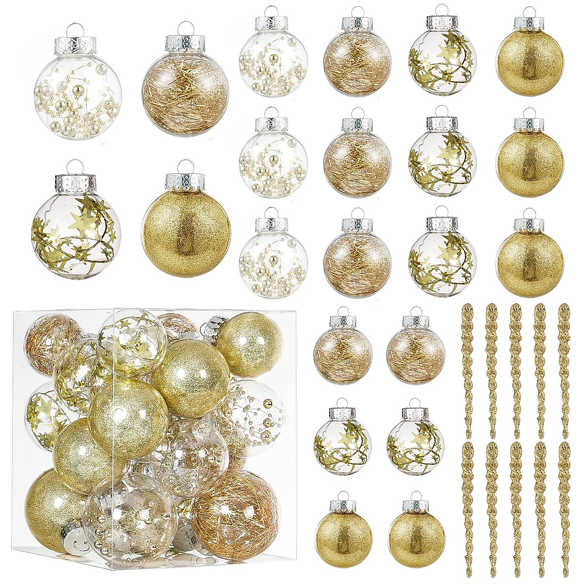 SLK Ornaments Shatterproof, 32 Counts Xmas Plastic Clear Christmas Balls Hanging Tree Glittering Balls with Stuffed Decorations Multi Size Gold