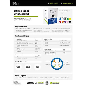 trueCABLE Cat5e Riser (CMR), 1000ft, Blue, 24AWG 4 Pair Solid Bare Copper, 350MHz, PoE++ (4PPoE), ETL Listed, Unshielded Twisted Pair (UTP), Bulk Ethernet Cable