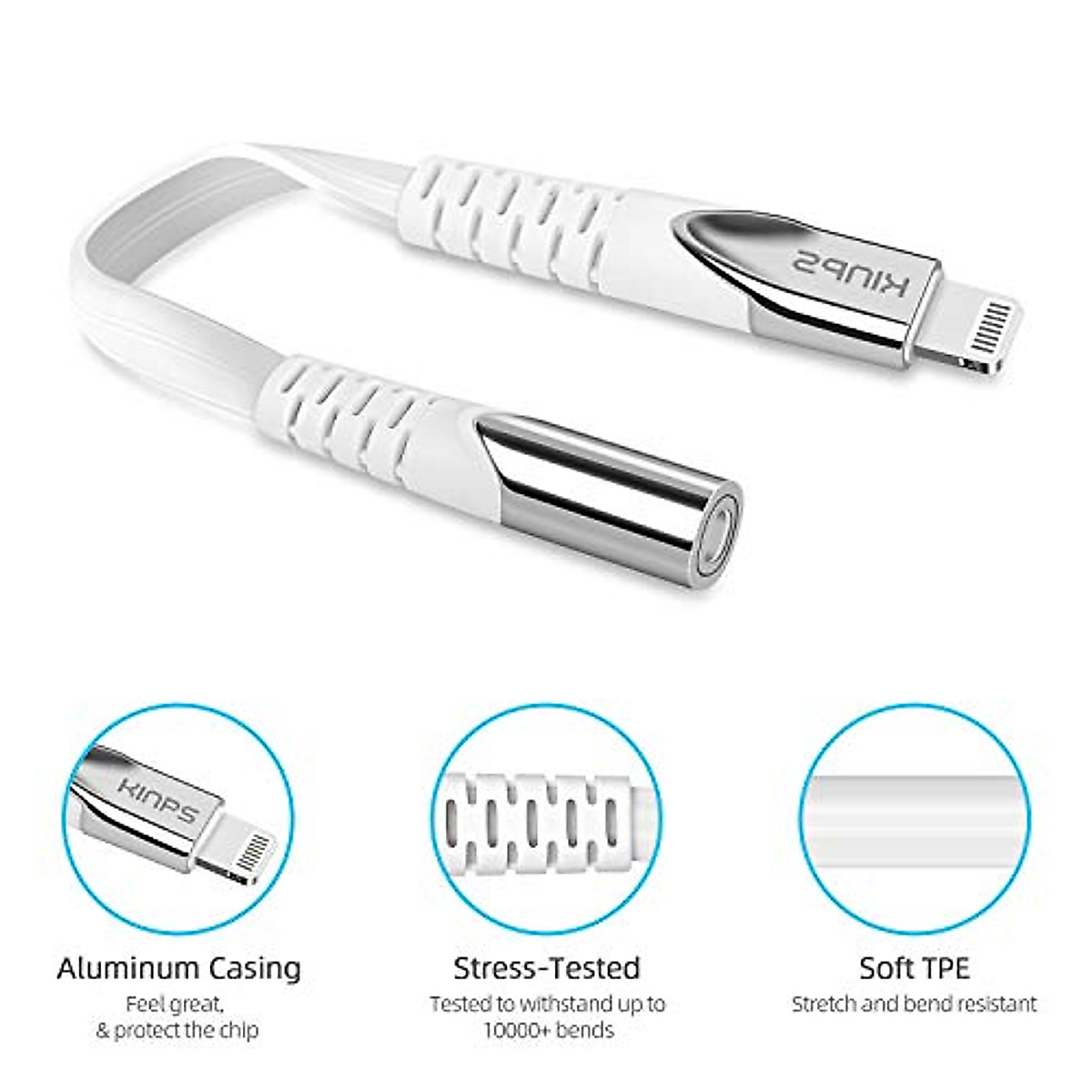 KINPS [MFI Certified Lightning to 3.5 mm Headphone Jack Adapter Compatible with iPhone 12/11 Pro Max/11 Pro/11/XS Max/XS/XR/X/8 Plus, iPad,(White)