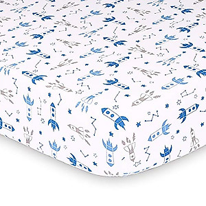 The Peanutshell Fitted Crib Sheet Set for Baby Boys or Girls | Unisex 2 Pack in Rocketships & Shooting Stars | Fits Standard Crib Mattresses