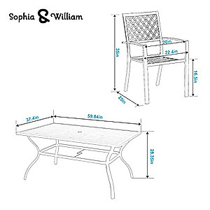 Sophia & William Patio Dining Set 7 Pieces Metal Outdoor Furniture Set, 6 x Metal Stackable Garden Chairs, 1 Patio Rectangle Umbrella Table Wood Like for Backyard Pool