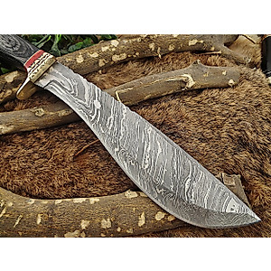 Damascus Steel Hunting Bowie Knife 14.5 Inches Custom Made Hand Forged with 10" Blade, 2 Tone Green Wood with Engraved Brass Scale, Thick Cow Hide Leather Sheath with Belt Loop (Black)