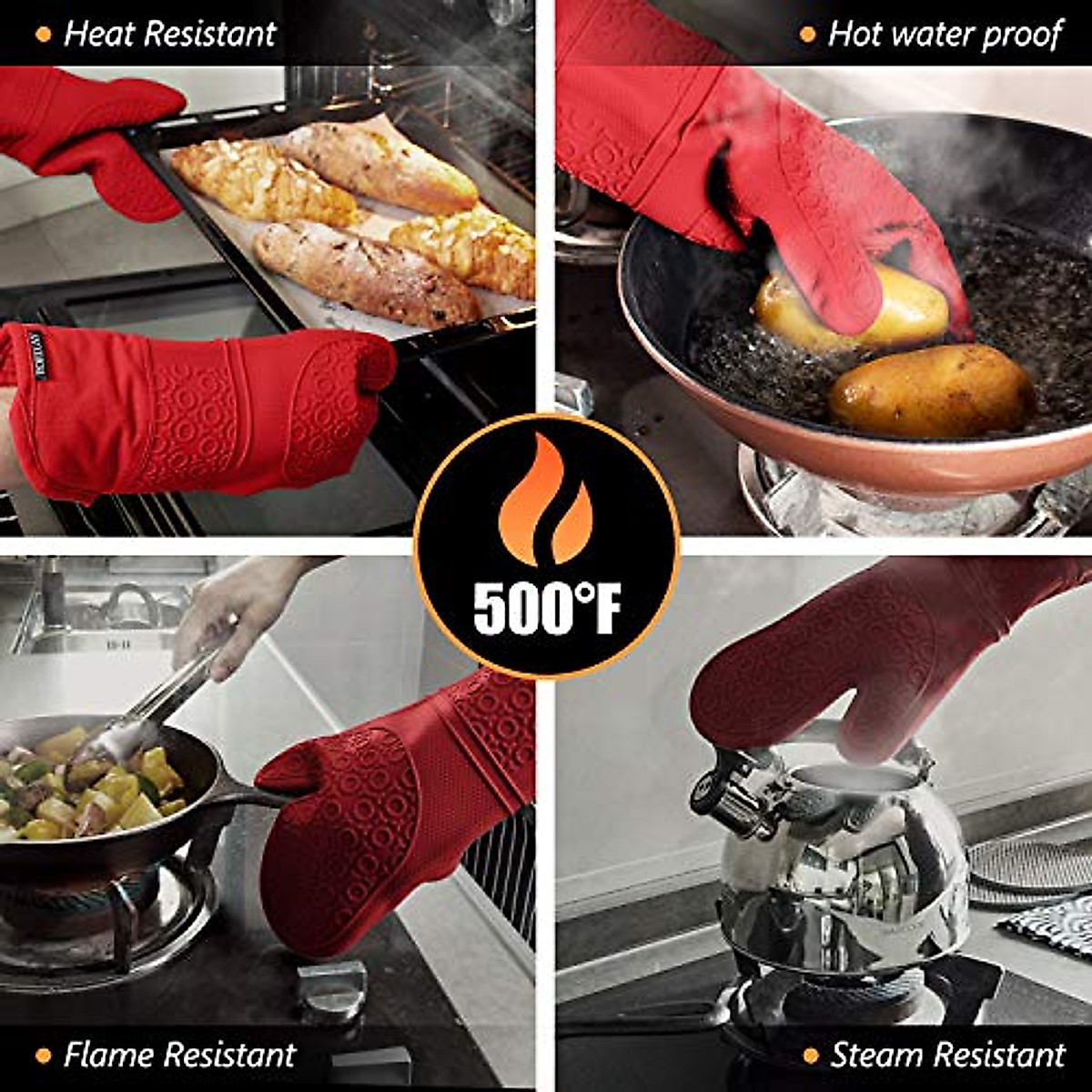 Rorecay Extra Long Oven Mitts and Pot Holders Sets: Heat Resistant Silicone Oven Mittens with Mini Oven Gloves and Hot Pads Potholders for Kitchen Baking Cooking, Quilted Liner, Red, Pack of 6