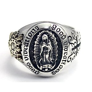 COSUMOSU Sterling Silver Our Lady of Guadalupe Virgin Mary Open Ring Adjustable for men