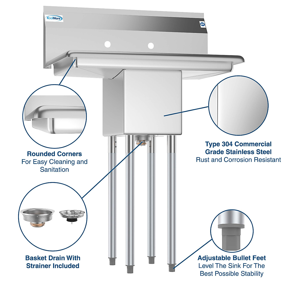 KoolMore - SA101410-10B3 1 Compartment Stainless Steel NSF Commercial Kitchen Prep & Utility Sink with 2 Drainboards - Bowl Size 10" x 14" x 10", Silver
