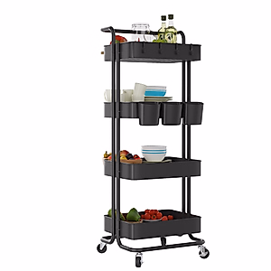 Devo 4 Tier Utility Rolling Cart, Heavy Duty Storage Cart, with Handle, 4 Side Hooks, 2 Storage Cups and Lockable Wheels, Organizer Cart for Bathroom Kitchen Office Classroom, Black