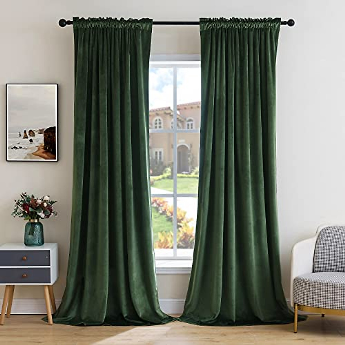 MIULEE Olive Green Velvet Curtains 84 inch Long and 100% Blackout Velvet Curtains