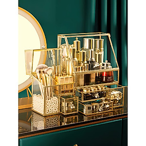 CONHENCI Large Glass Makeup Organizer Drawer Set Beauty Storage Bathroom Counter Organizer Cosmetic Display (11.5inx8.5inx5.5in)