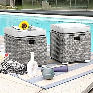 Patiorama 2 Piece Outdoor Patio Ottomans,All-Weather Grey PE Rattan Wicker Ottoman with Storage,Outdoor Footrest Footstool Seat w/Thick Cushion,Built-in Handle for Backyard Poolside Porch (Light Grey)