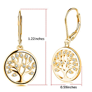 JO WISDOM 925 Sterling Silver Family Gold Tree of Life Drop & Dangle Leverback Earrings
