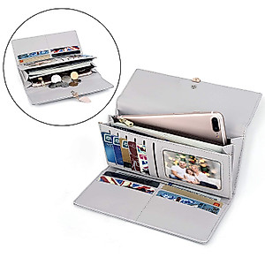 UTO RFID Wallet for Women PU Leather Leaf Pendant Card Holder Phone Checkbook Organizer Zipper Coin Purse Ace Large Grey