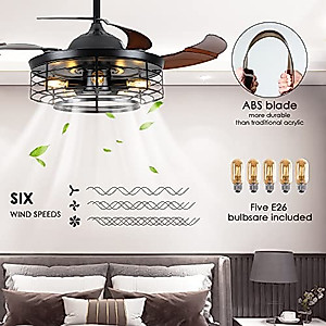Asyko Retractable Ceiling Fans with Lights and Remote-Caged Farmhouse Ceiling Fan Lights Black, Rustic Industrial Ceiling Fan with Light for Patio Living Room Bedroom（42'' Bulb Included）