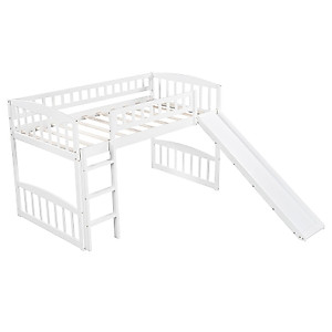 Harper & Bright Designs Kids Low Loft Bed with Slide, Twin Loft Beds for Kids, Wood Loft Bed Frame with Ladder for Boys and Girls, No Box Spring Needed, White