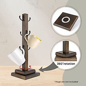 FABILE Coffee Mug Holder with 360 Degree Turn, Coffee Mug Tree, Rotated Solid Wooden Coffee Cup Holder Tree with 6 Metal Black Hooks, Mug Hanger for Kitchen Organizer (Walnut Color)