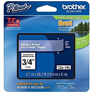Genuine Brother 3/4" (18mm) White on Clear TZe P-touch Tape for Brother PT-D600, PTD600 Label Maker