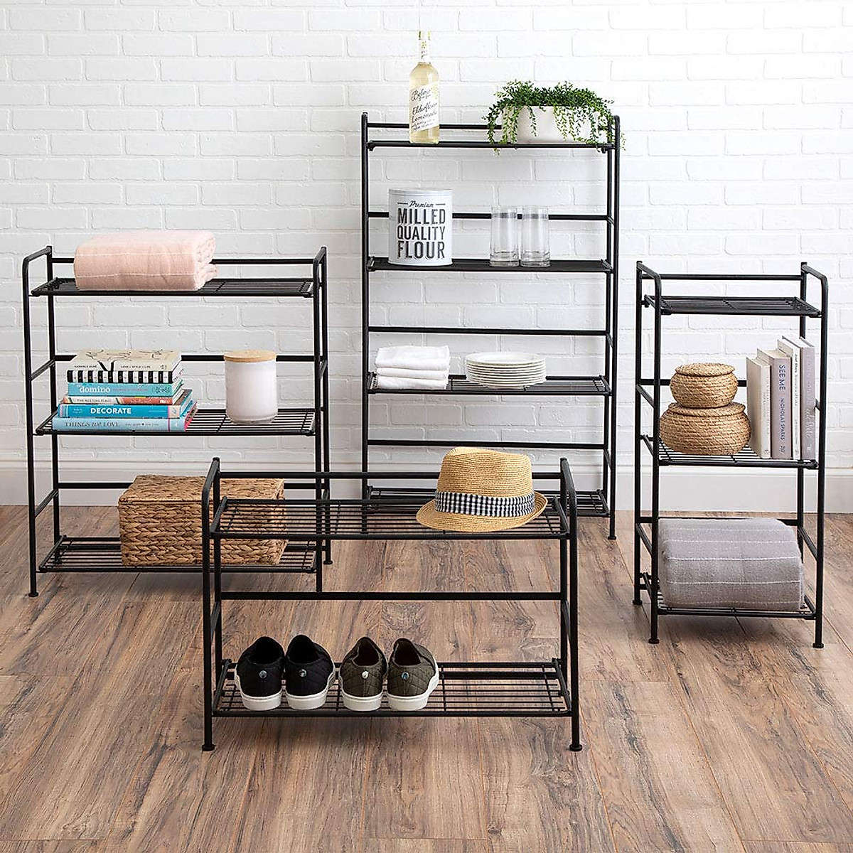 Flipshelf Folding Metal Bookcase-Small Space Solution-No Assembly-Home, Kitchen, Bathroom and Office Black, 3 Shelves, Narrow