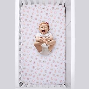 NoJo Little Love Sweet Jungle Friends Pink, White and Tan, Monkey, Cheetah and Giraffe Super Soft Fitted Crib Sheet