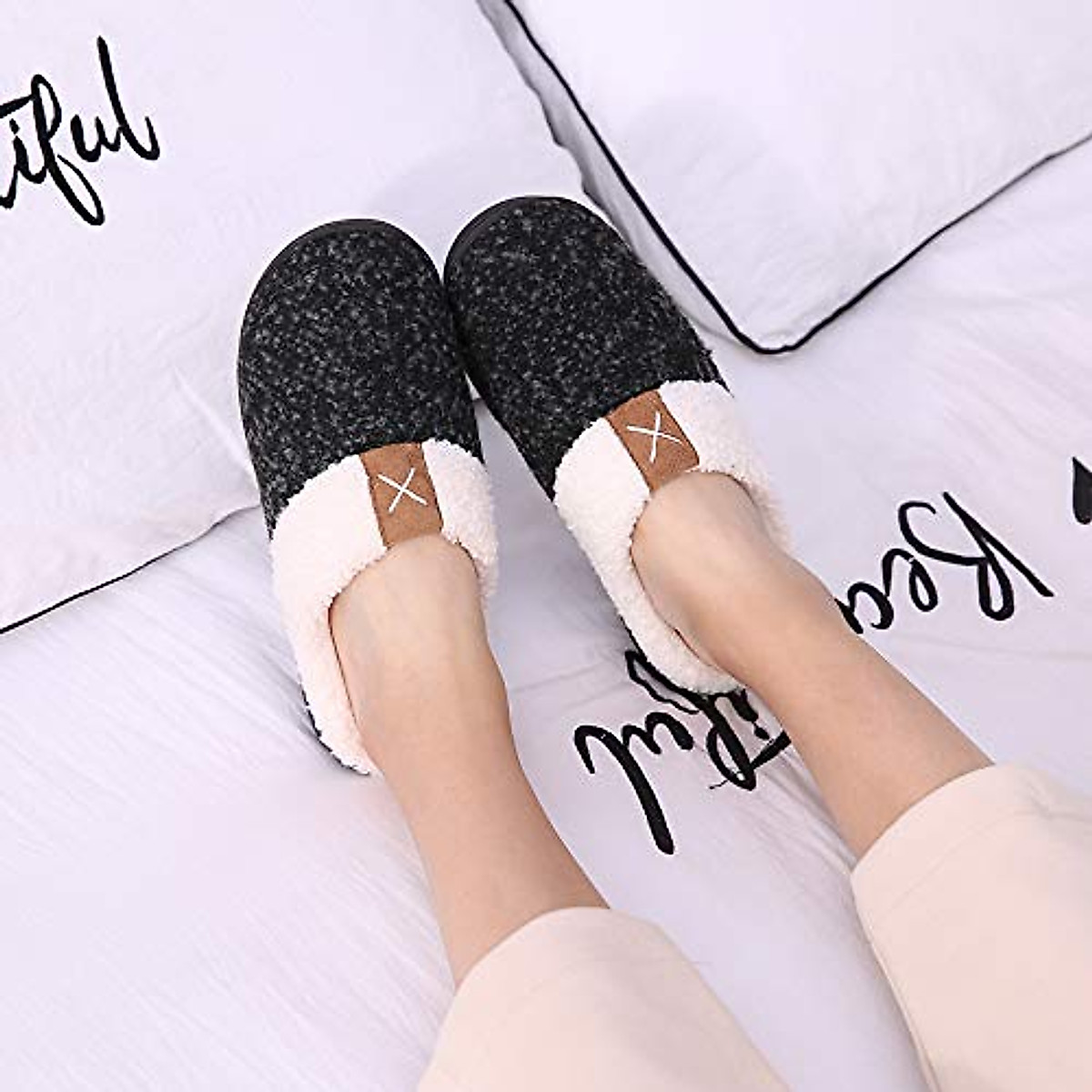 UBFEN Womens Mens Slippers Memory Foam Comfort Fuzzy Plush Lining Slip On House Shoes Indoor Outdoor Black 7-8 Women 5-6 Men