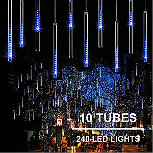 11.8 inch 10 Tubes 240 LED Meteor Shower Raindrop Lights with Timer Function Cascading Lights LED Icicle Lights Falling Raindrop Lights for Holiday Party Wedding Christmas Tree Decoration (Blue)