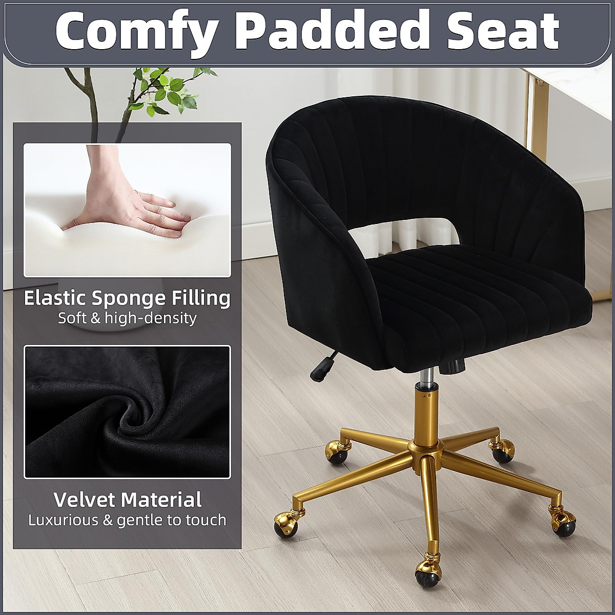 ABET Desk Chair with Wheels, Velvet Home Office Chair, Swivel Armchair Gold Base, Upholstered Modern Accent Chairs, Back Incline Adjustable for Living Room Bedroom Vanity, Black