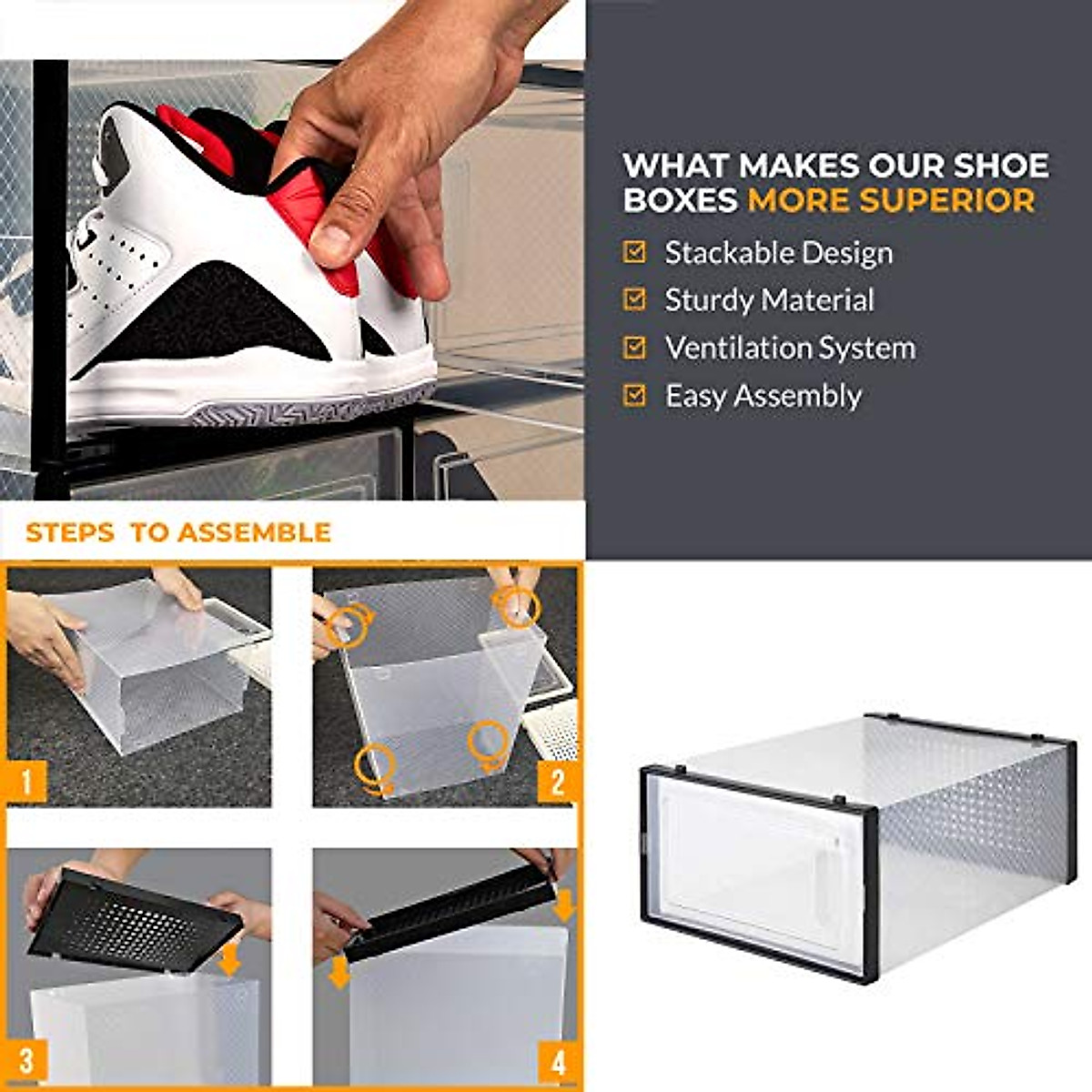 I&D DESIGNS STACBOX Shoe Organizer | Stackable Easy to Assemble for Closet | Protects Shoes | Clear Display | Declutters Spaces | Multipurpose Storage Container (SMALL Size 6 Pcs)