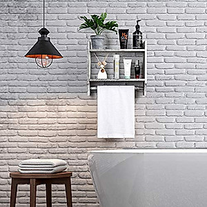 Wall Mounted Shelf with Towel Bar Rack, Rustic Towel Rack with Storage Shelf Farmhouse 2-Tier Hanging Torched Wood Shelf Organizer Floating Shelves Towel Holder for Kitchen, Bathroom, Greyish White