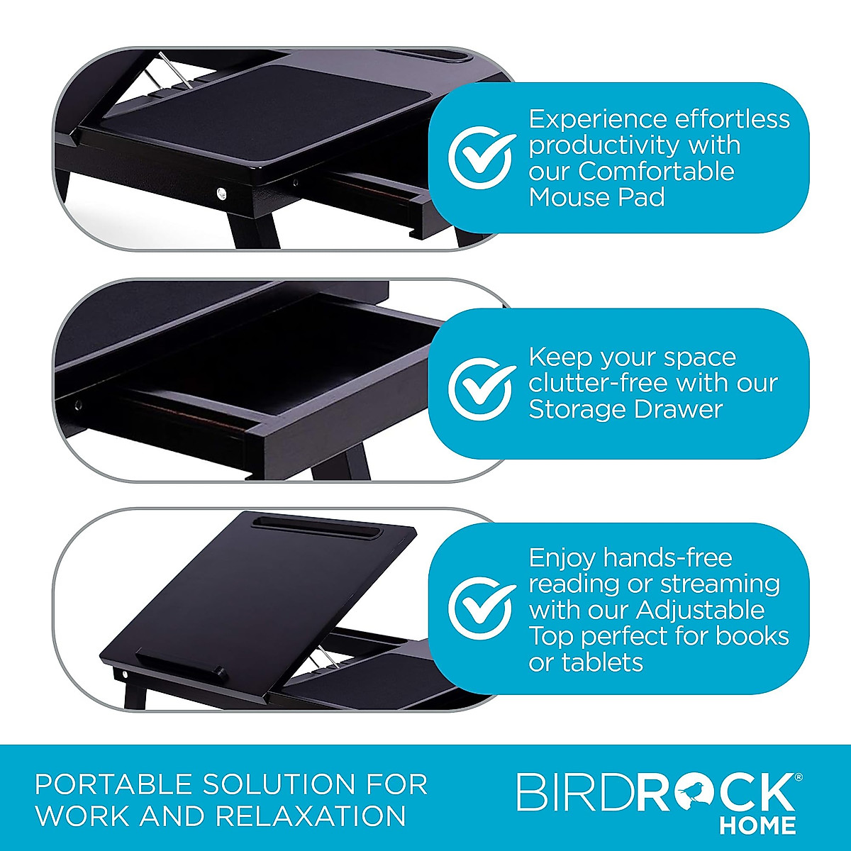 BIRDROCK HOME Laptop Bed Tray with Storage Drawer and Tilt Surface | Folding Legs and Mouse Pad | Fits Laptops Up to 15" | Slot for Tablets Up to 9.6" | Smart Phones Up to 4" | Espresso