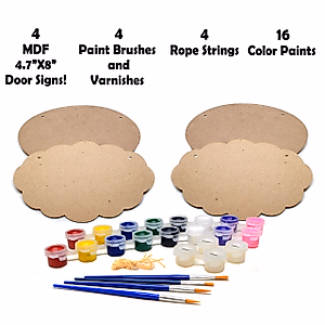 VHALE Paint Your Own Door Sign, 4 Sets of MDF Wood Door Sign (4.7 x 8 inch) with Rope Strings, for Bedroom Hanging Plaque Wall Decor, Classroom Arts and Crafts, Party Favors for Kids