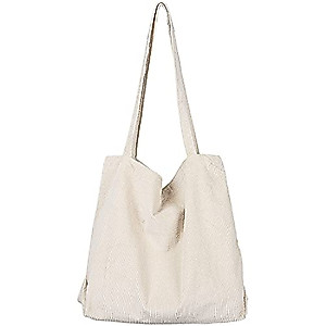 Etercycle Women Corduroy Tote Bag, Casual Handbags Big Capacity Shopping Shoulder Bag with Pocket (Cream)