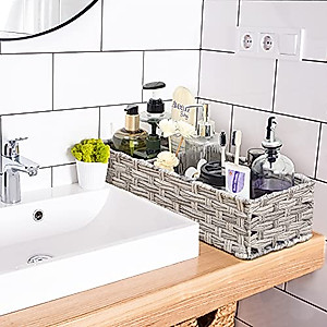 [Larger Compartments] Toilet Tank Topper Paper Basket - Multiuse Hand Woven Plastic Wicker Basket with Divider for Organizing, Rustic Farmhouse Bathroom Decor, Countertop Organizer Storage, Gray Wash