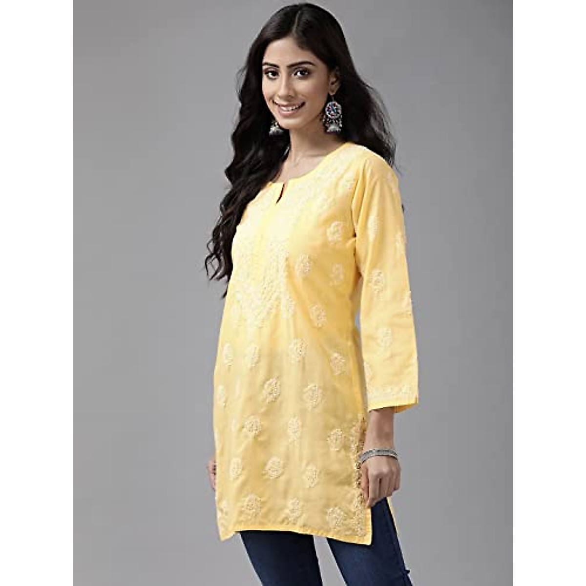 Ada Indian Hand Embroidered Chikankari Women's Cotton Top Tunic Shirt Blouse A911127 (XS, Yellow)
