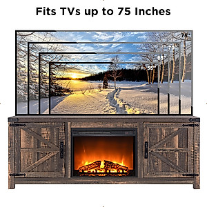 T4TREAM Fireplace TV Stand for 75 Inch TV, Farmhouse Barn Door Media Console, Entertainment Center with 23" Electric Fireplace Remote Control, for Living Room, 66 Inch, Dark Rustic Oak