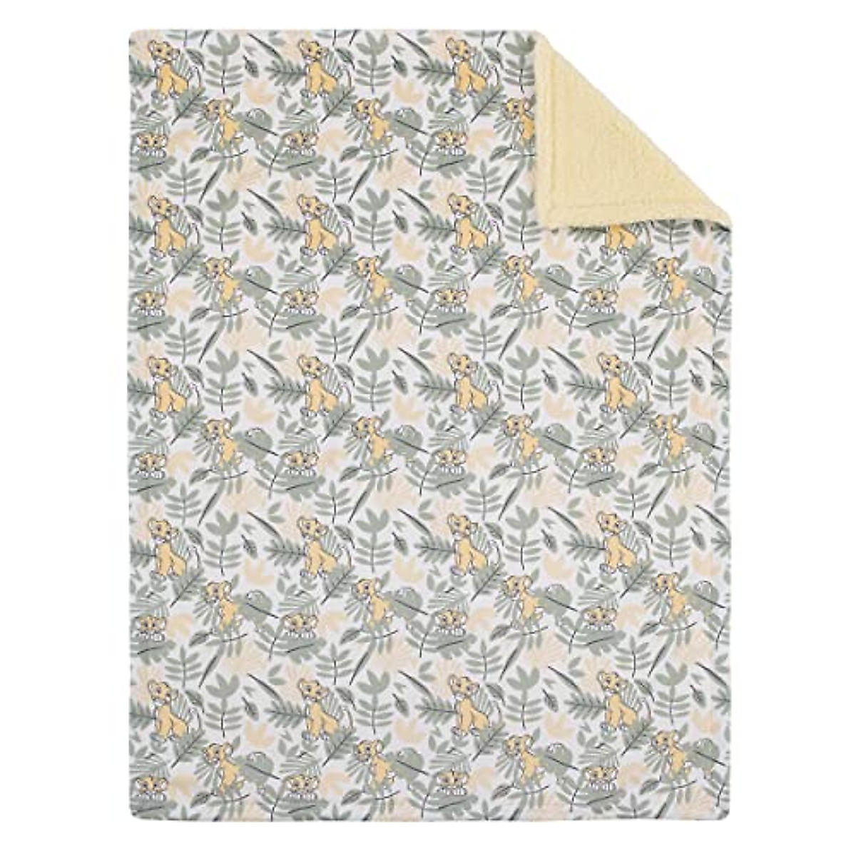 Disney Lion King Simba Yellow, Green, and White Jungle Leaves Super Soft Baby Blanket with Sherpa Back