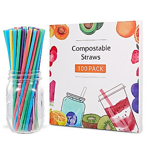 [100 Pcs] Biodegradable Compostable Disposable Colorful Straws - PLA Plant Based Drinking Straws for Juice Coffee Cocktail Cold Drinks (8.25" LongX0.23" Wide)