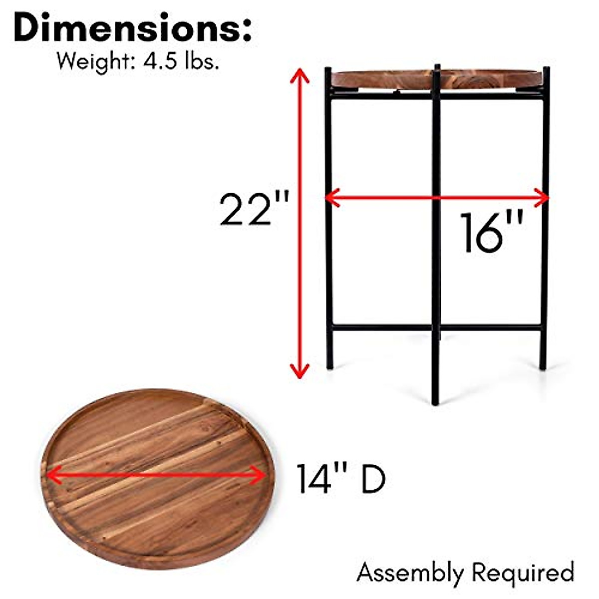 BIRDROCK HOME Folding Side Table with Removable Wood Tray - Black Metal Foldable Nightstand - Indoor Use Only - Bar Coffee Drinks Food Serving Tray - Decorative Modern End Accent - Natural Acacia