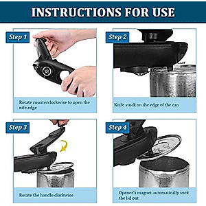 Can Opener Manual 8 in 1 Multifunctional Stainless Steel Bottle Opener with Smooth Edges Hand Held Kitchen Tool with Rotary Handle Gifts for Seniors Safe and Easy to Use （Black）