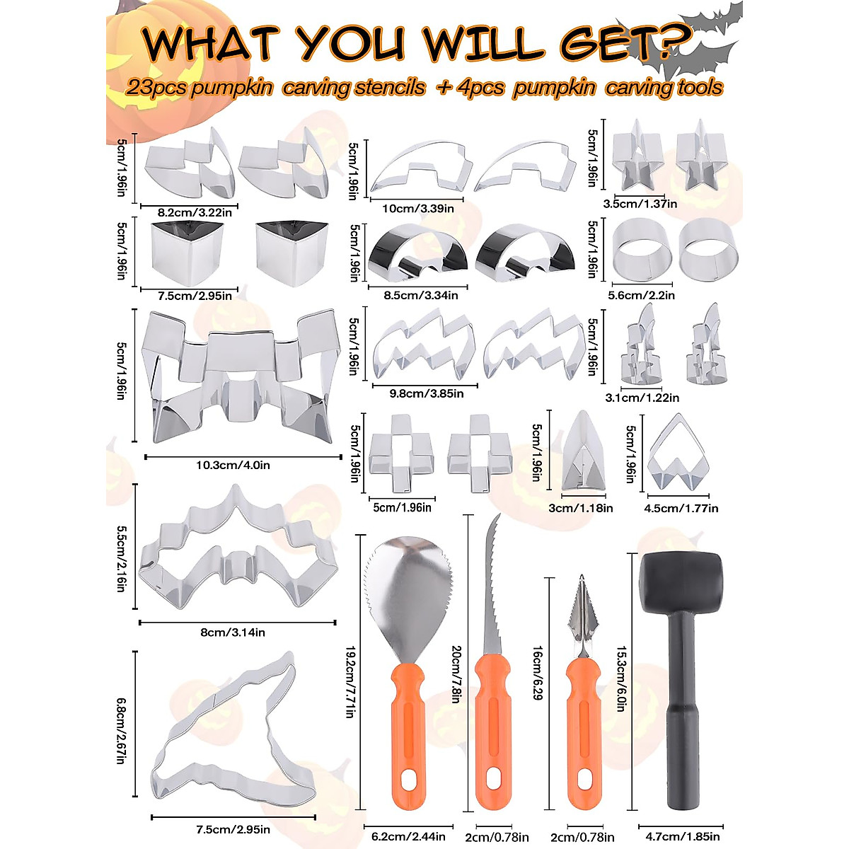 Rolcoassuns 27PCS Halloween Pumpkin Carving Kits,Pumpkin Carving Tools Set with 23PCS Stainless Pumpkin Carving Stencils,3 Carving Tools&1 Mallet for Adults Kids Easy Safe Fun DIY Halloween Decoration