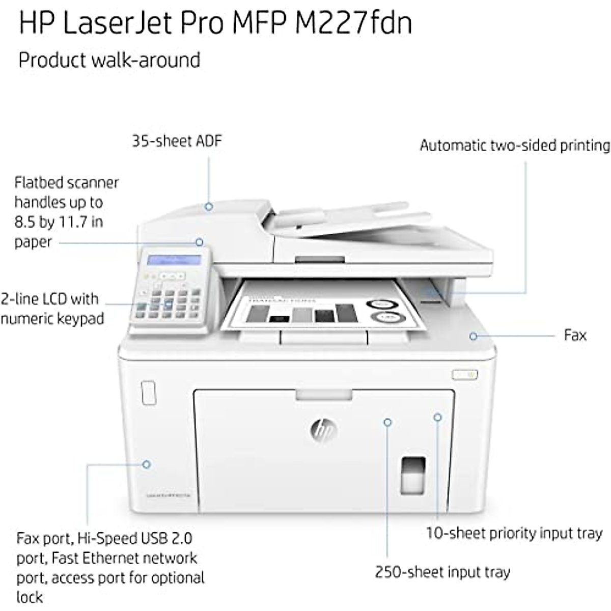 HP Laserjet Pro MFP M227fdn All-in-One NFC Ethernet Monochrome Laser Printer, White - Print Scan Copy Fax - 30 ppm, 1200 x 1200 dpi, 8.5 x 14, 35-Sheet ADF, Auto 2-Sided Printing, Cbmou Printer Cable
