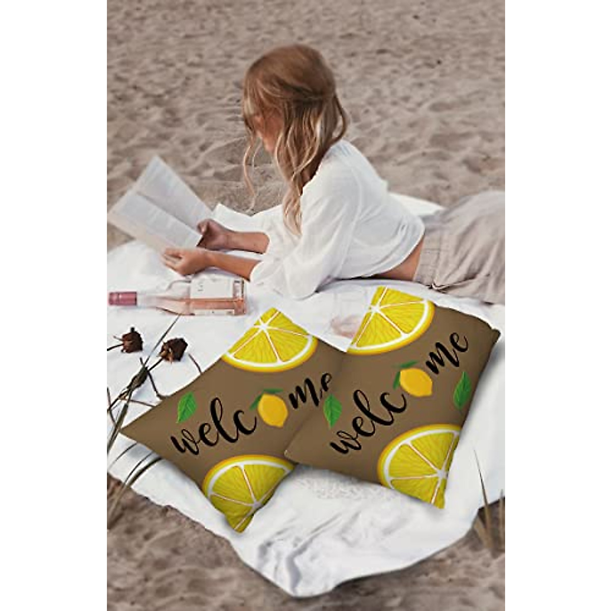 ALAGEO Outdoor Waterproof Pillow Covers for Patio Furniture Summer Fruit Lemon Decorative Throw Pillow Cover Plant Green Leaves Brown Pillowcases Set of 2 Cushion Case for Sofa Couch Chair 20x12 in